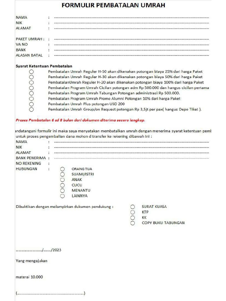 Form Pembatalan Umroh | PDF