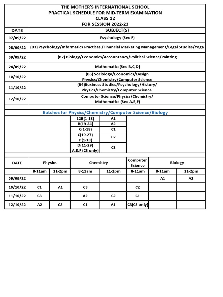 Class 12 Practical Schedule (2022-23) | PDF
