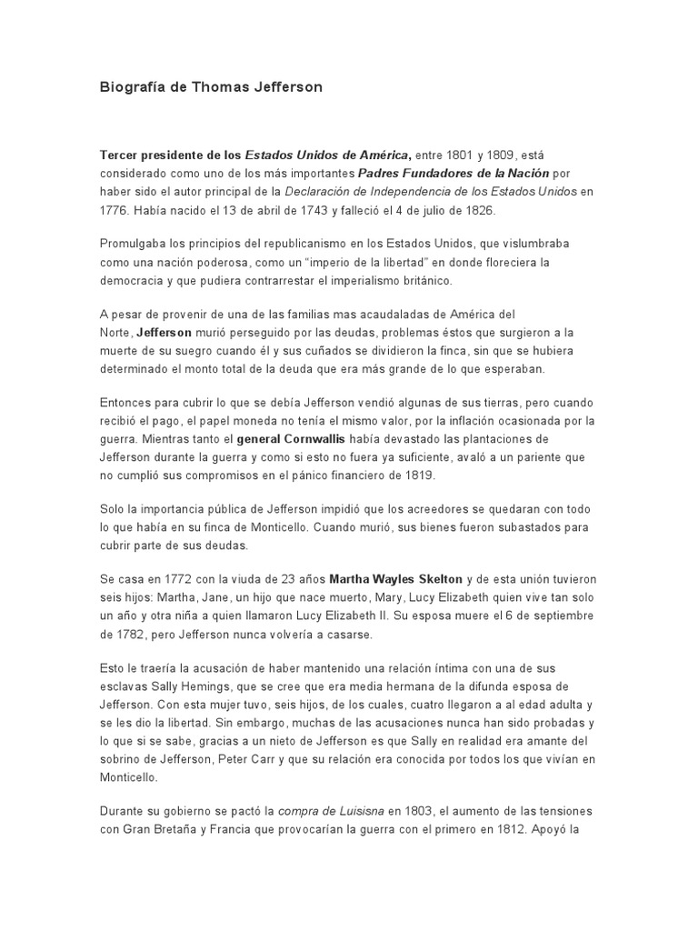 Biografía de Thomas Jefferson | PDF | Thomas Jefferson