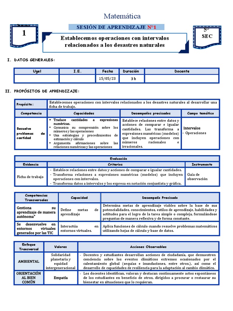5° SESIÓN DE APRENDIZAJE SESIÓN 1-SEM.1-EXP.3-Matemática | Descargar gratis PDF | Aprendizaje ...