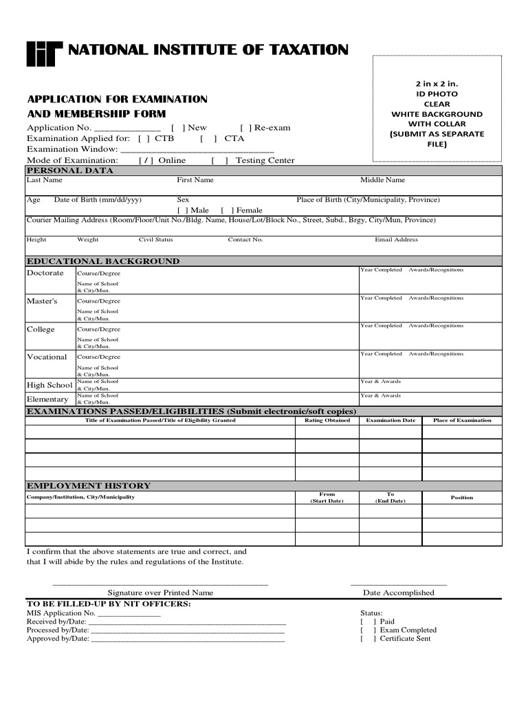 NIT Application For Examination and Membership Form | PDF | Academic Degree