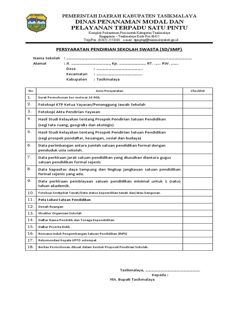 Form Permohonan Pendirian Sekolah Swasta SDSMP | PDF