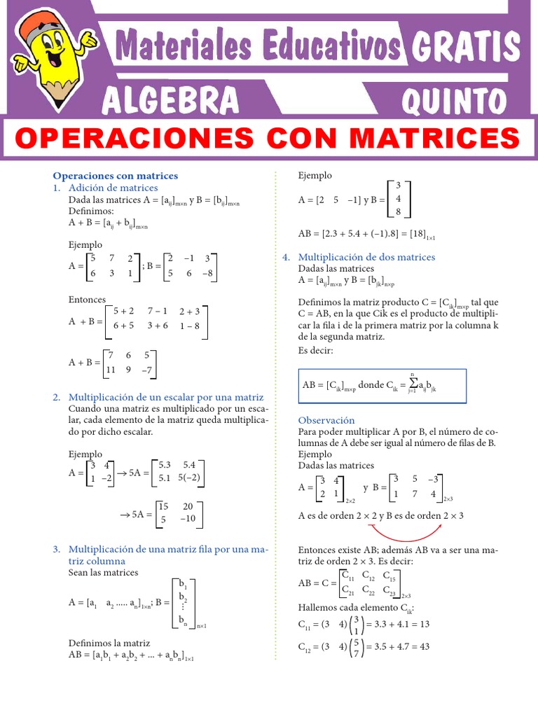 26 Operaciones Con Matrices para Quinto Grado de Secundaria | PDF ...