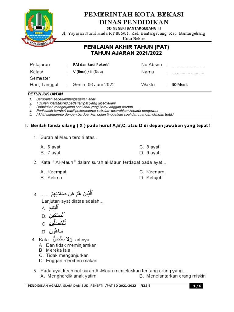 Soal Pat Pai Kls 5 2022 Akm | PDF