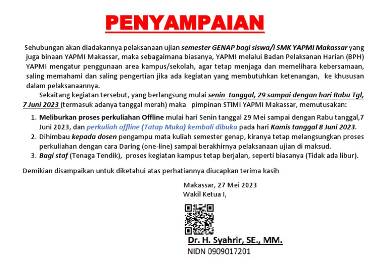 Pengumuman Libur Kuliah Oneline MHS | PDF