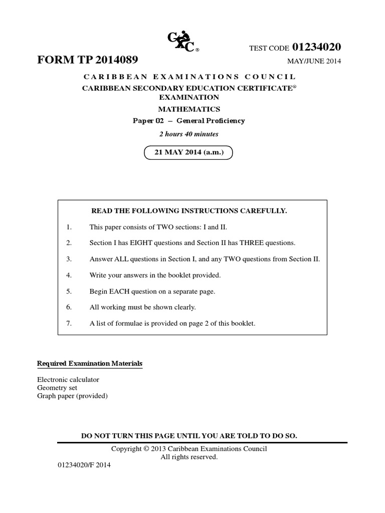 CSEC Mathematics June 2014 P2 | PDF | Matrix (Mathematics) | Area