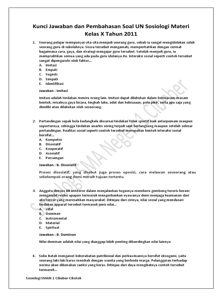 Kunci Jawaban Dan Pembahasan Soal UN Sosiologi Materi Kelas X Tahun 2011 | PDF | Kesehatan Holistik
