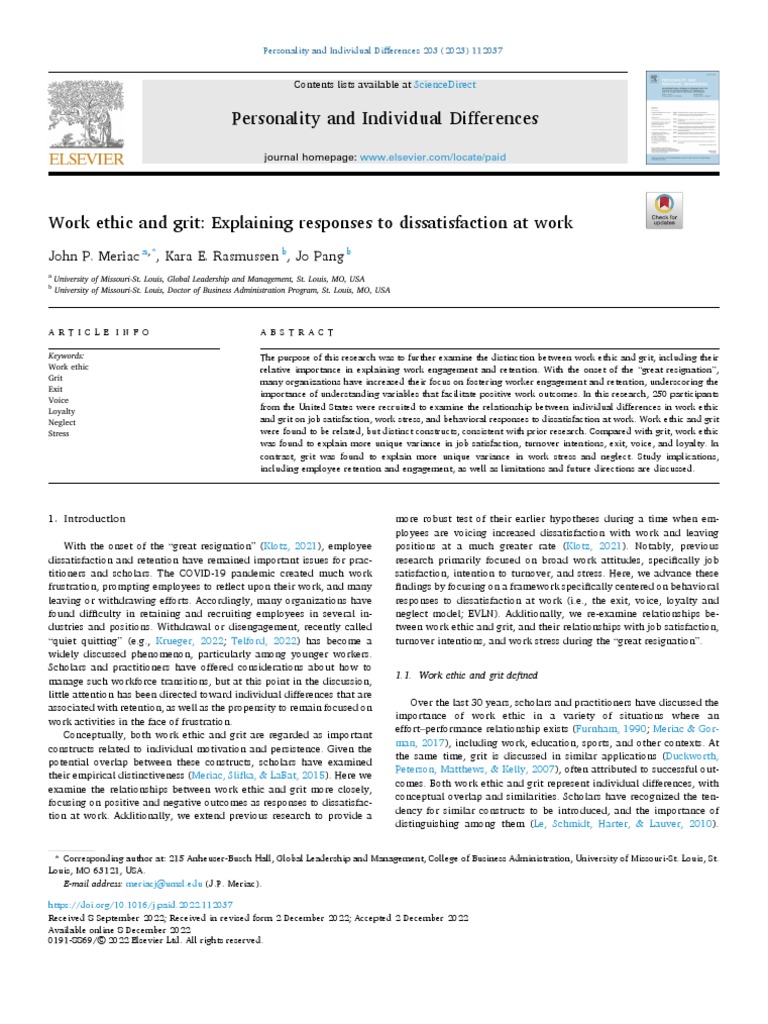 Meriac (2023) - Work Ethic and Grit, Work Dissatisfaction | Download Free PDF | Grit ...