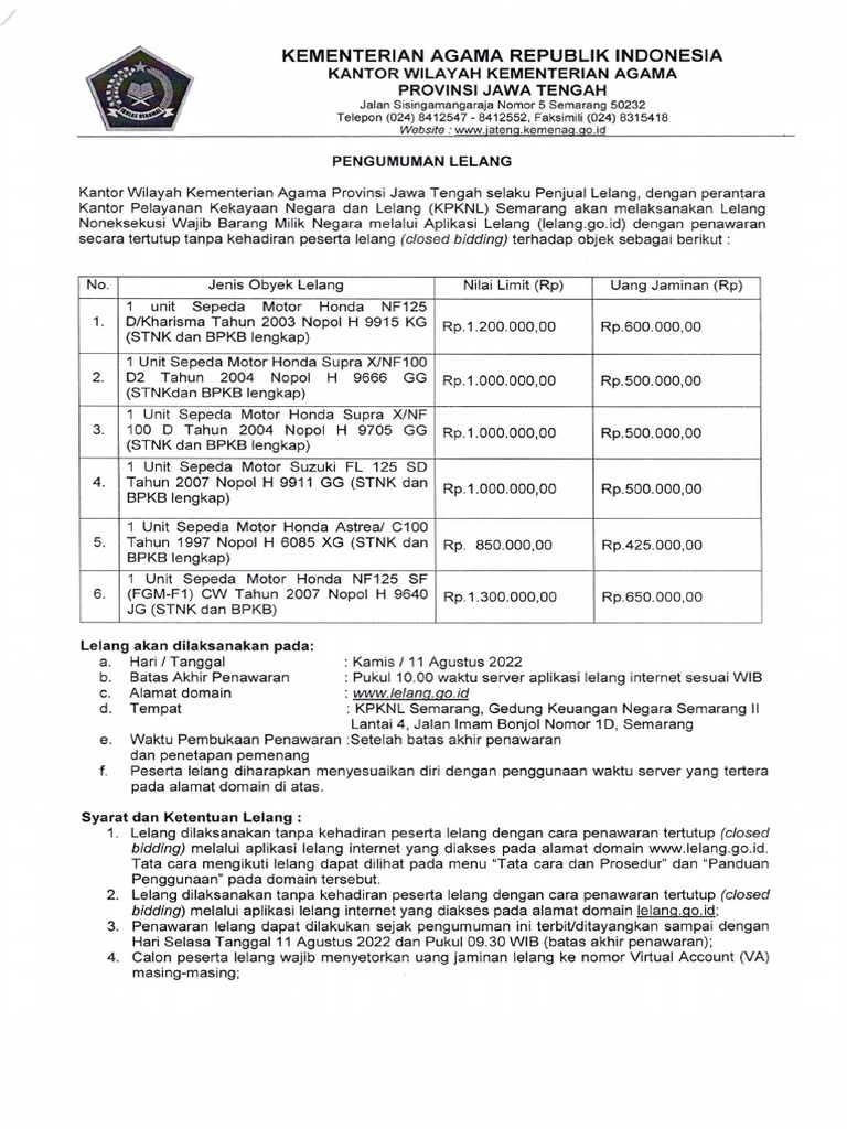 Pengumuman Lelang Kendaraan Dinas | PDF