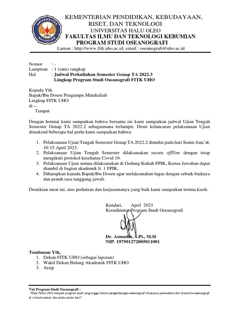 Surat Penyampaian Jadwal UTS Semester Genap 2022.2 Prodi Oseanografi FITK - REVISI FINAL | PDF ...