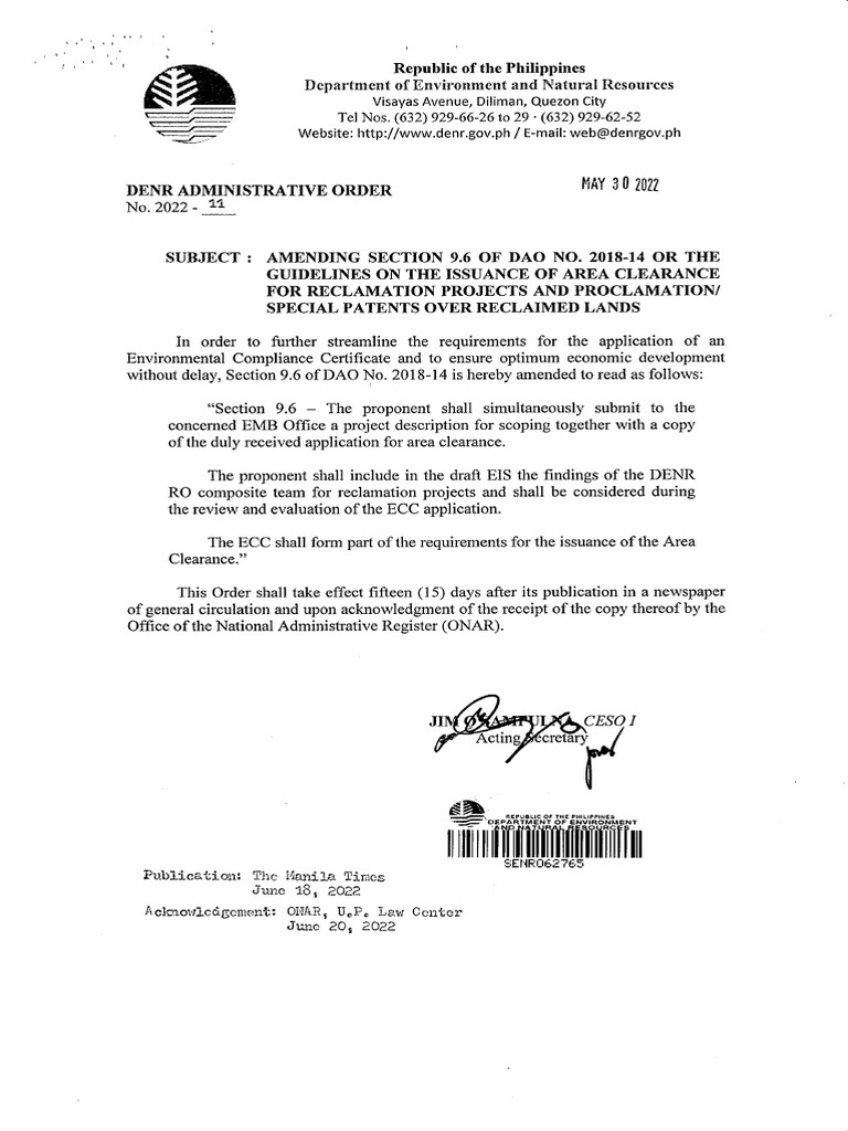 Dao 2022 11 Area Clearance For Reclamation PDF