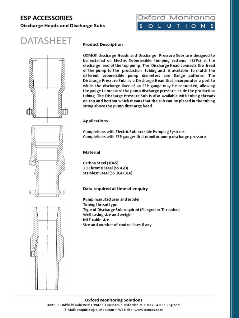 ESP Discharge Heads and Pressure Subs | PDF | Pipe (Fluid Conveyance ...