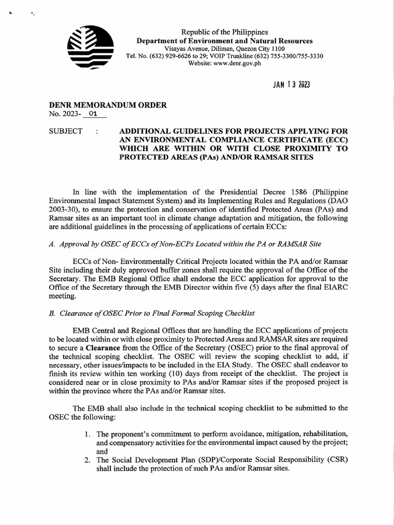 Denr Memorandum Order 2023 01 Near Pa And Ramsar Site Pdf