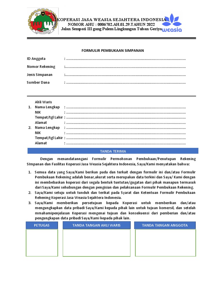 Formulir Pembukaan Rekening Tabungan | PDF