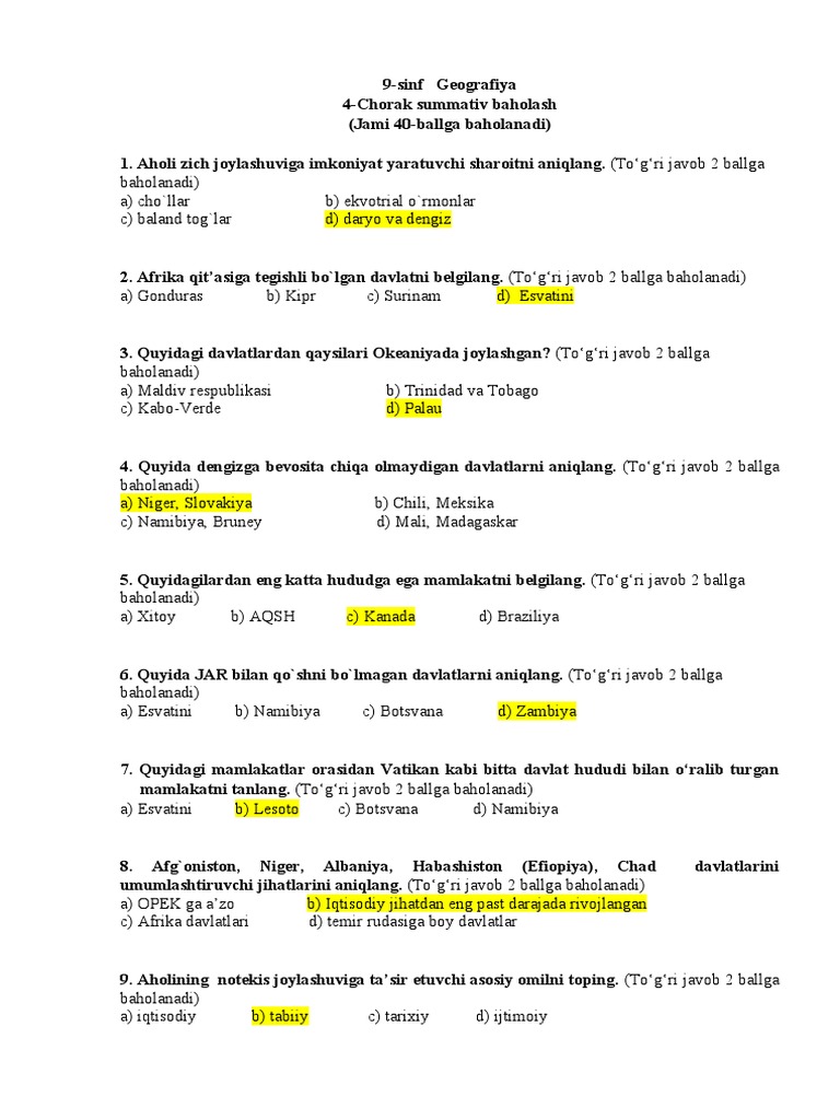 9-Sinf ChSB-4. 2022-23 (JAVOBLARI) | PDF