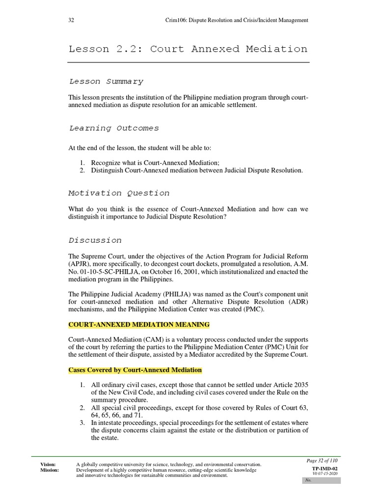 Court Annexed Mediation and Judicial Dispute Resolution MODULE | PDF | Mediation | Settlement ...