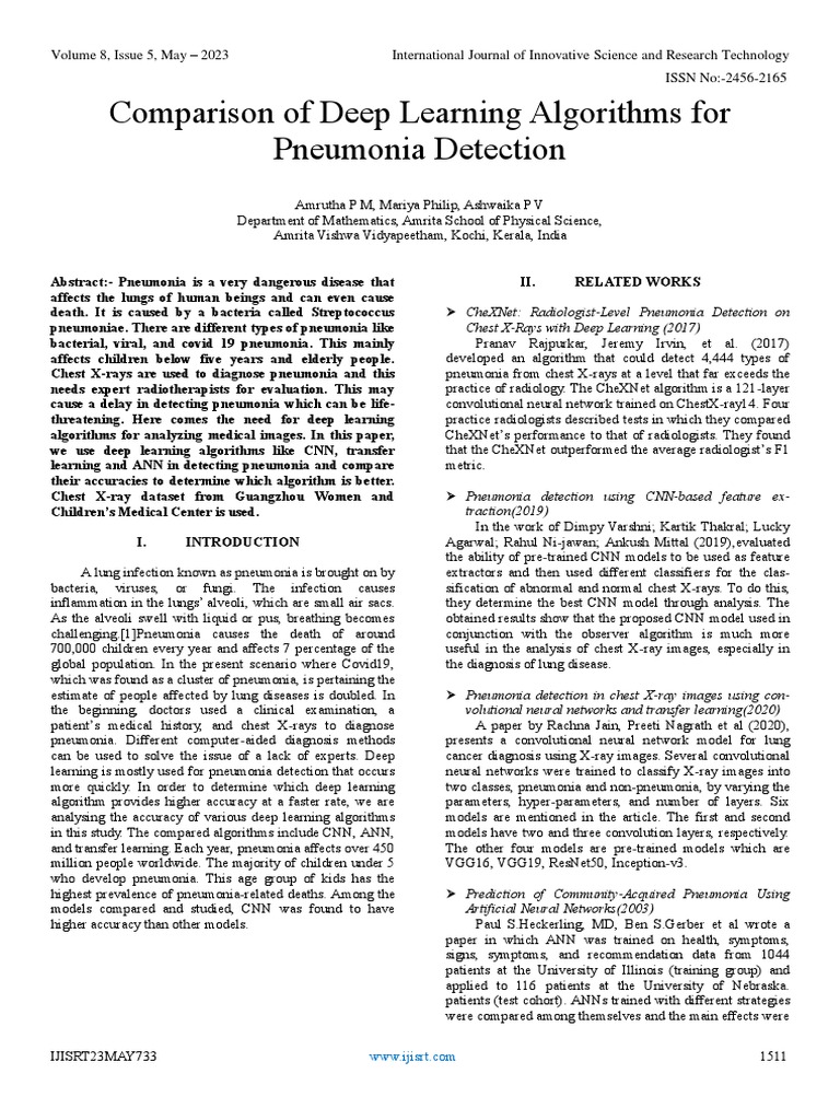 Comparison of Deep Learning Algorithms For Pneumonia Detection | PDF | Deep Learning ...