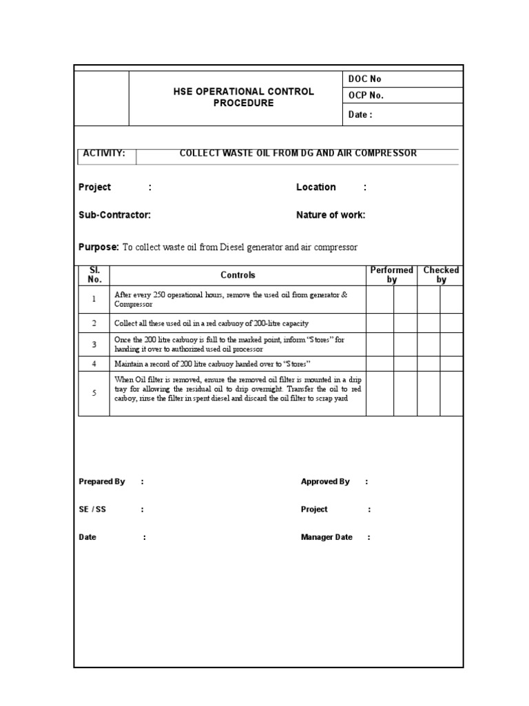HSE Operational Control Procedure For Collect Waste Oil From Diesel ...