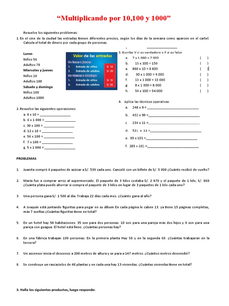 "Multiplicando Por 10,100 y 1000": Lunes | PDF