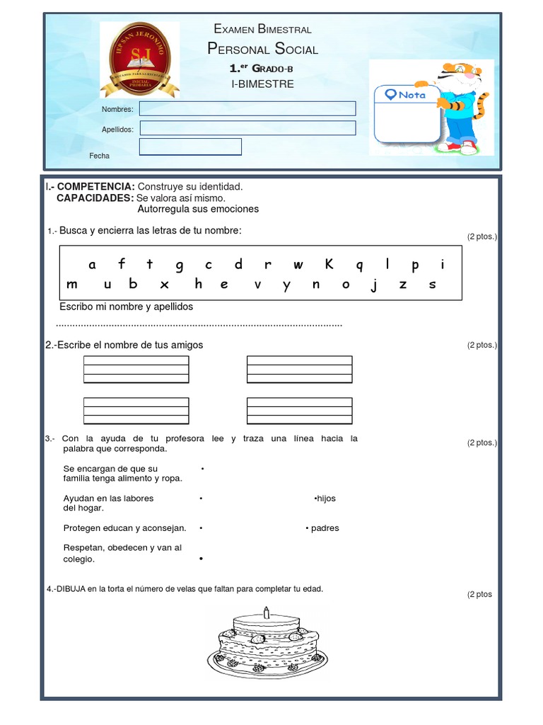 Examen Bimestral-Personal Social-Primer Grado | PDF