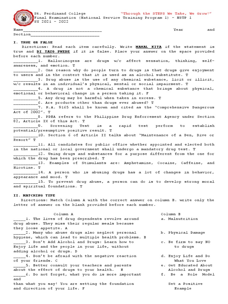 Final Examination - NSTP 1 | PDF | Substance Abuse | Stimulant