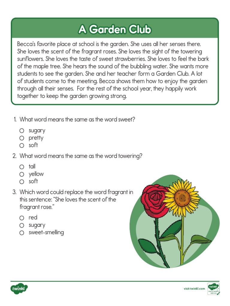Second Grade A Garden Club Reading Passage Comprehension Activity | PDF