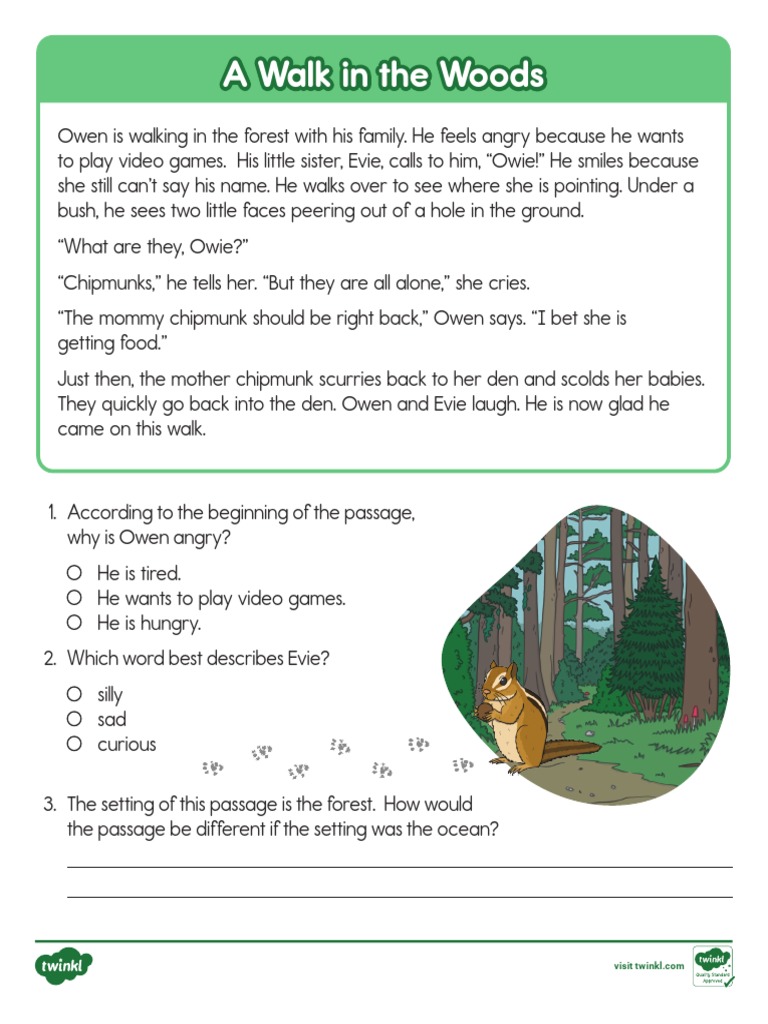 Second Grade A Walk in The Woods Reading Passage Comprehension Activity ...