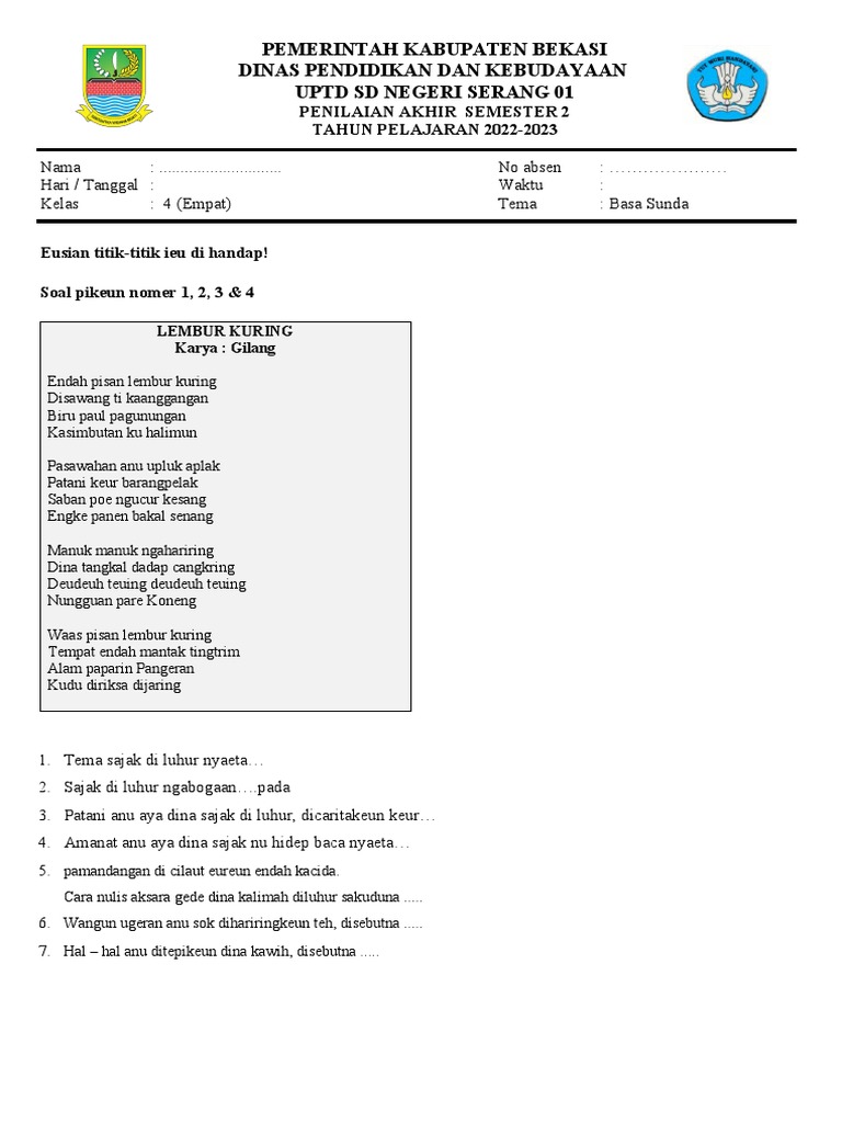 Soal Pts B.sunda Kls 4 Genap | PDF | Seni & Disiplin Bahasa | Kajian Bahasa Asing