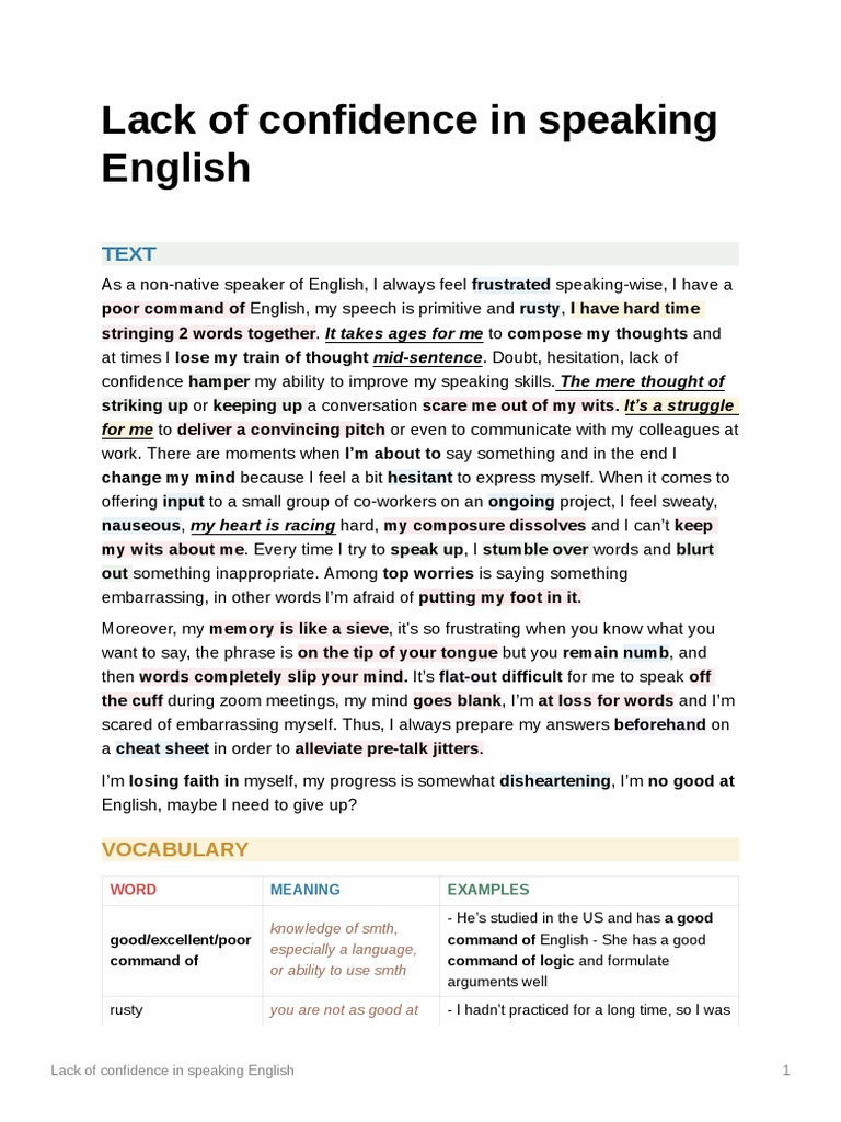 My Lexical Lesson On Self-Confidence (B2-C1) English | PDF | English ...