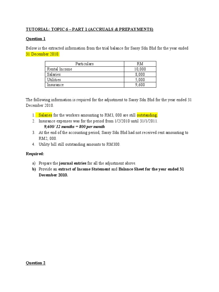 Tutorial Topic 6 - Part 1 (Accruals & Prepayments) | PDF