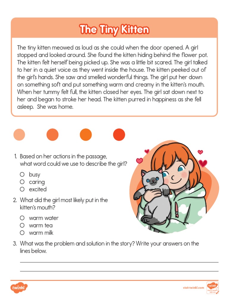 Second Grade the Tiny Kitten Reading Passage Comprehension Activity | PDF