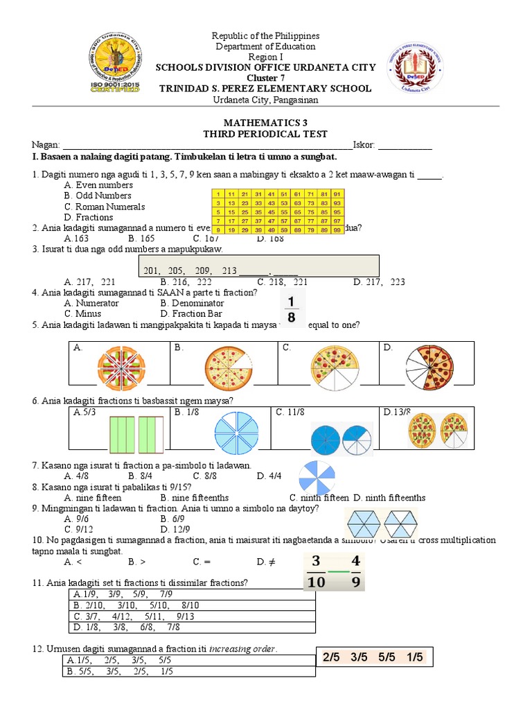 Trinidad S. Perez Math 3rd Periodical Test Grade 3 | PDF