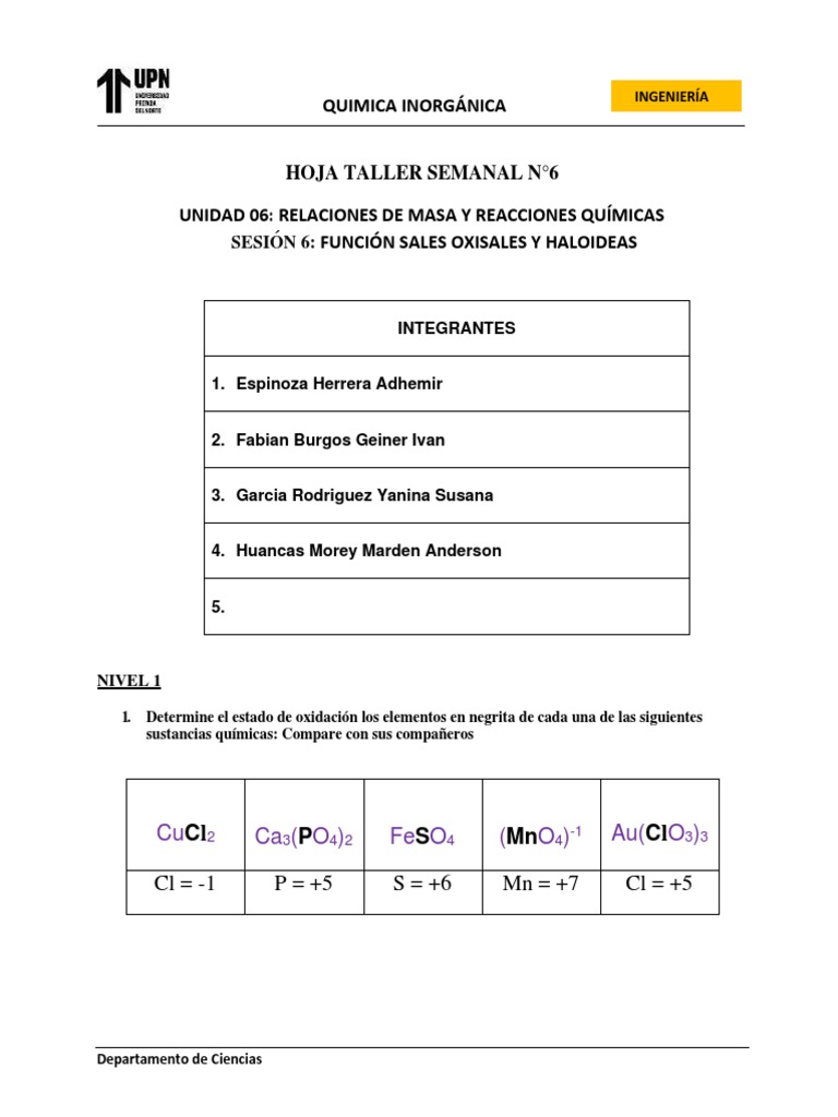 Hoja Taller Grupal #6 Sales Oxisales y Haloideas | PDF | Sal (química) | Ácido