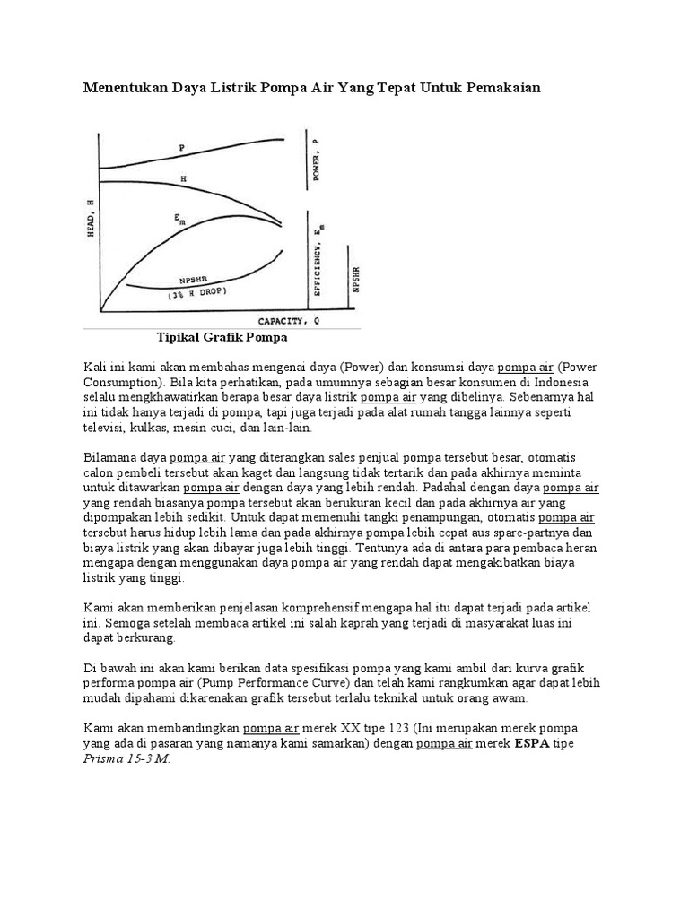 Menentukan Daya Listrik Pompa Air Yang Tepat Untuk Pemakaian | PDF