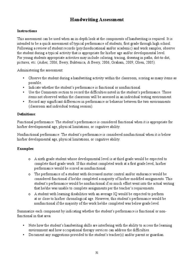 Handwriting Assessment | PDF | Special Education | Cognition