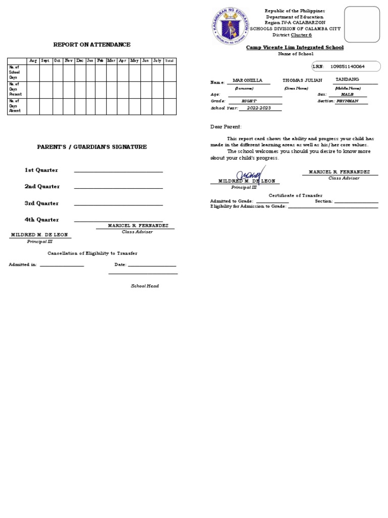 Report Card Grade 7 10 | PDF | Learning