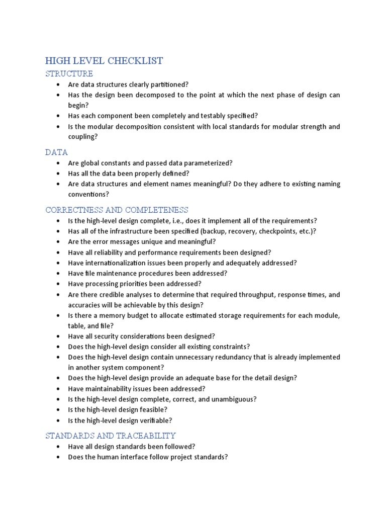 High Level Checklist | PDF | Interface (Computing) | Reliability Engineering