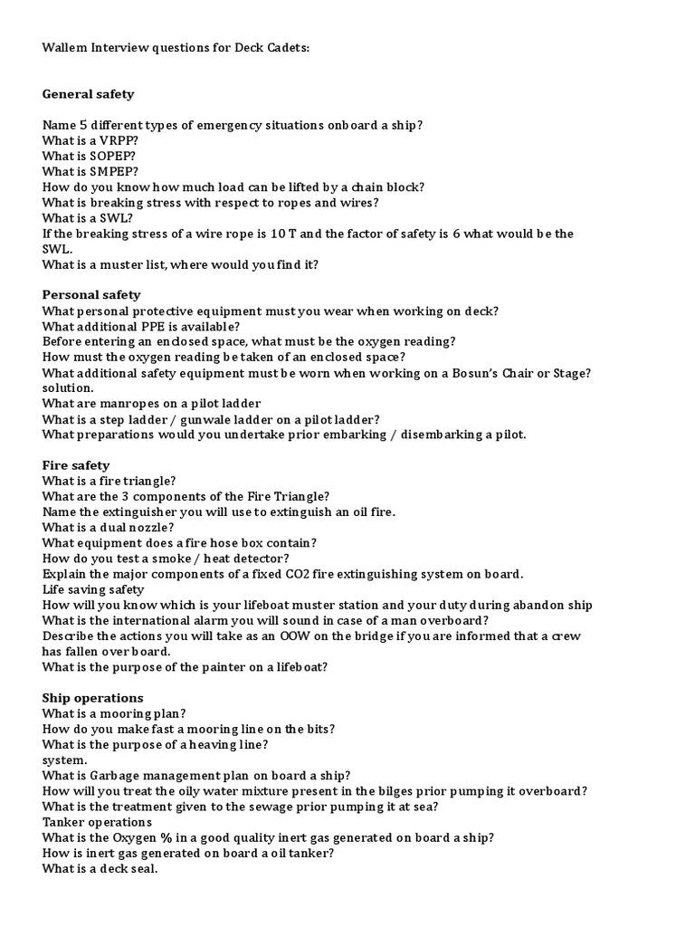Wallem Interview Questions For Deck Cadets | PDF | Oil Tanker | Ships