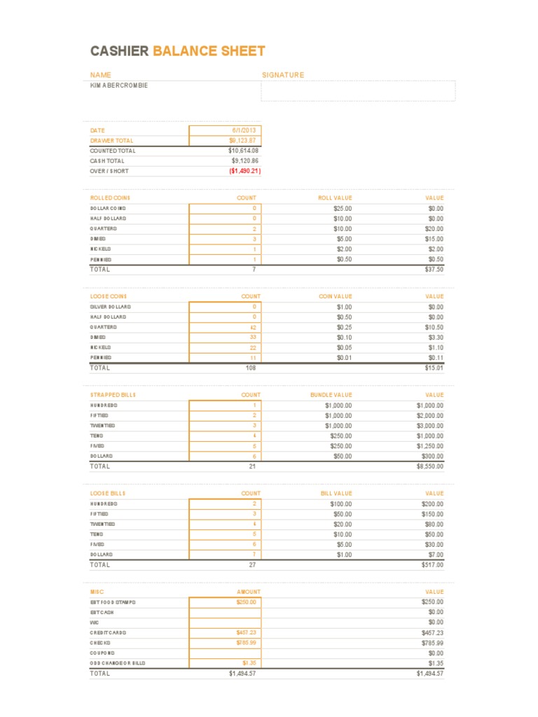Cashier Balance Sheet | Download Free PDF | United States Dollar | Coins