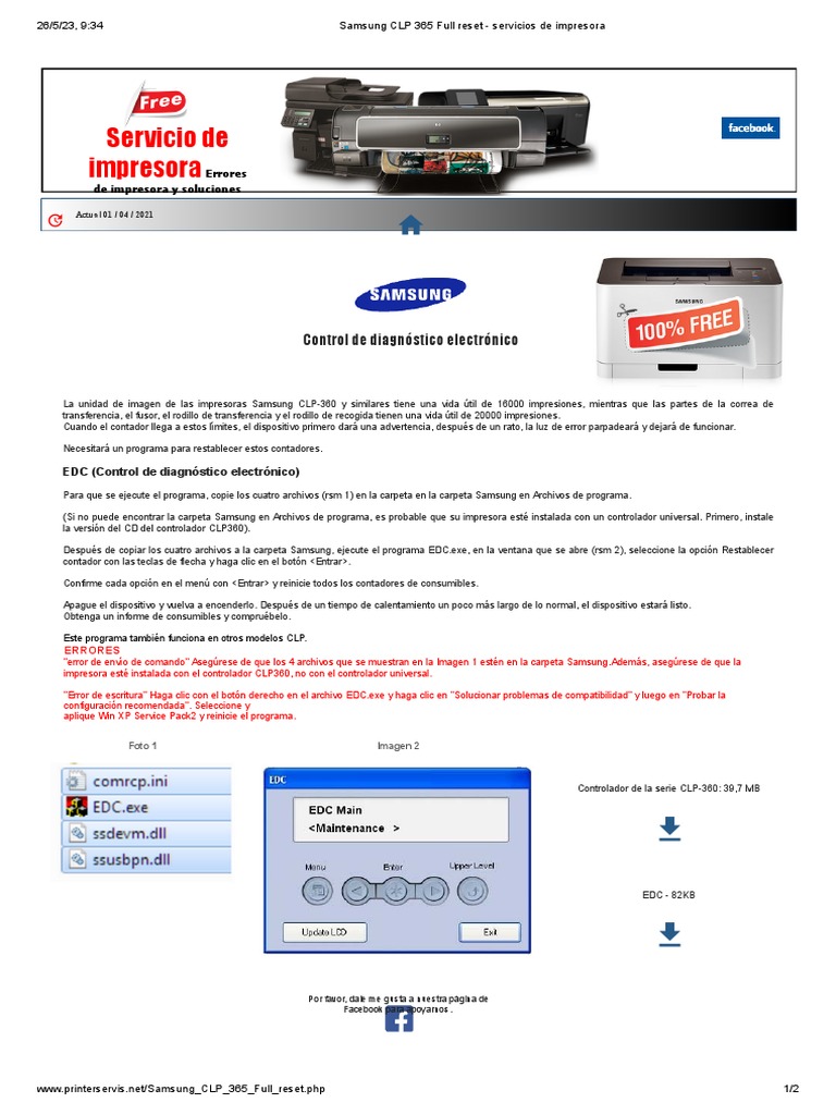 Samsung CLP 365 Full Reset - Servicios de Impresora | PDF