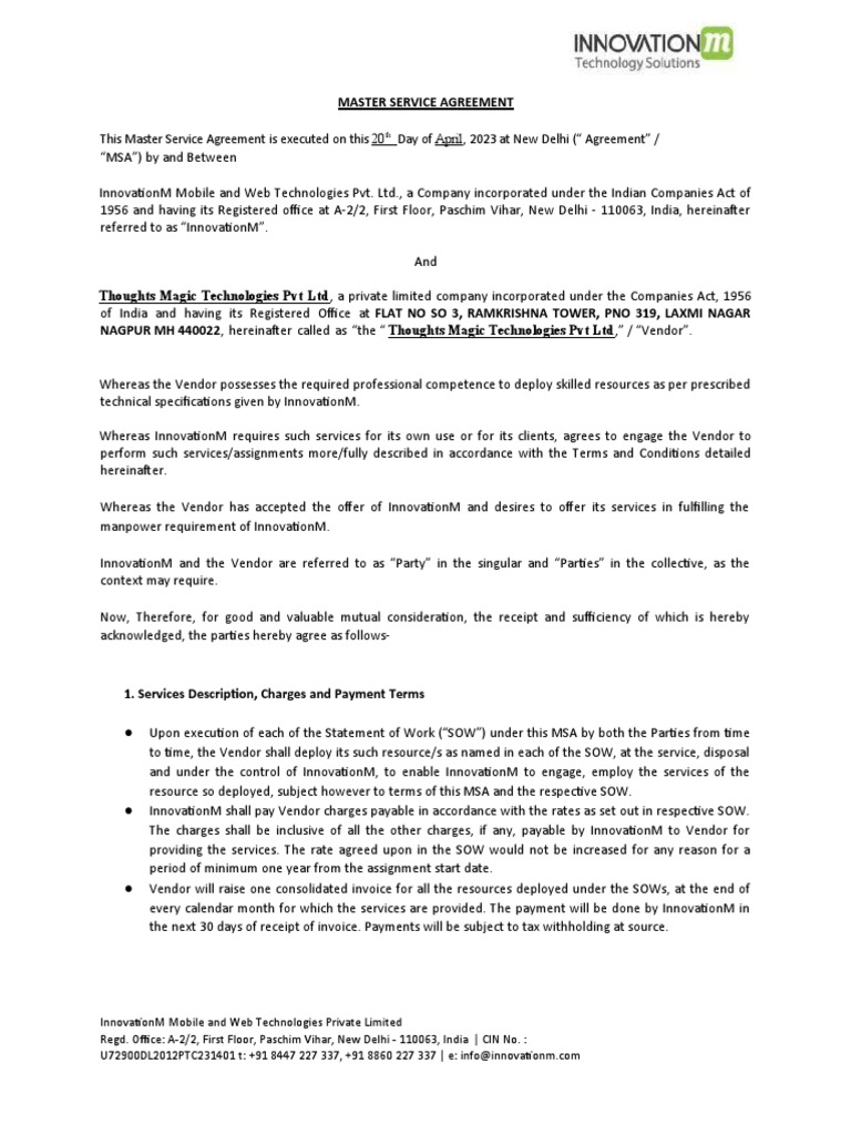 InnovationM - Master Service Agreement (Contractual) - MSA - Goavega ...