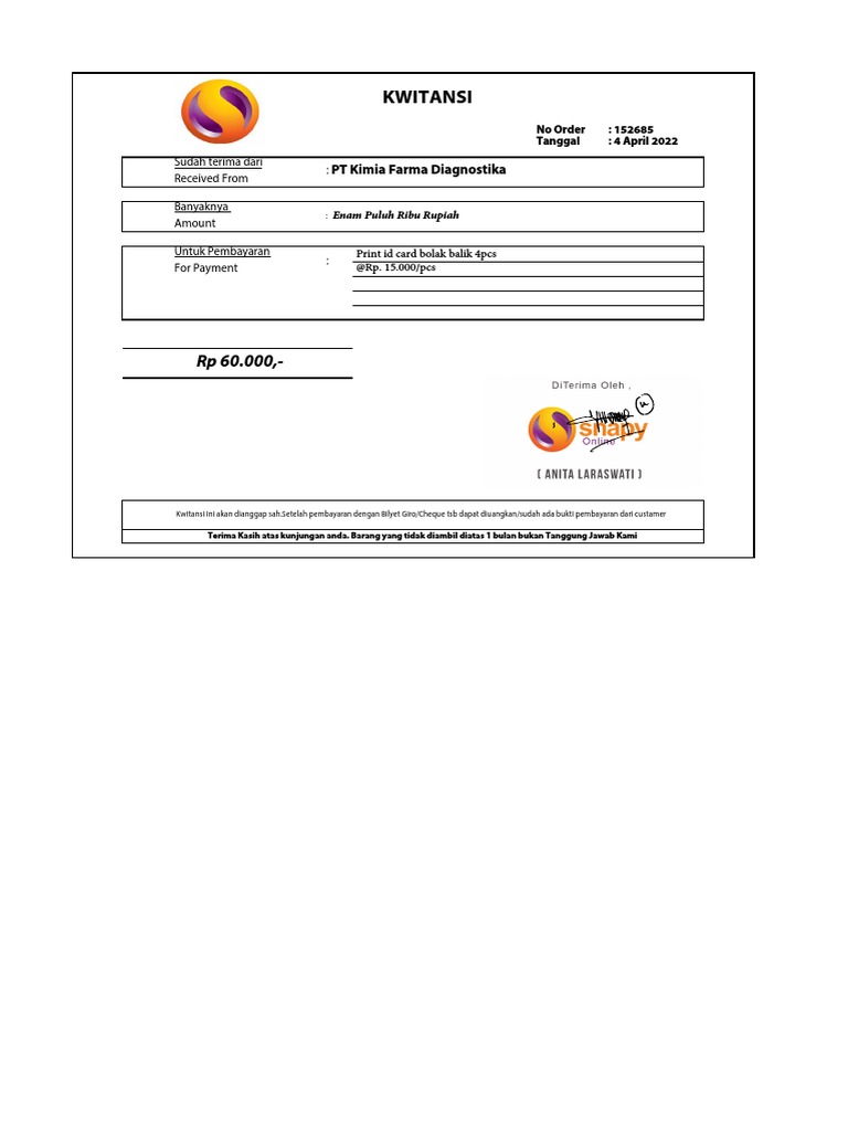 Kwitansi Pt Kimia Farma Diagnostika 4 April Tambahan Pdf