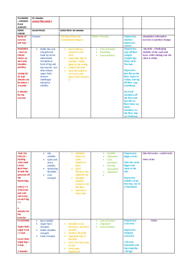 Pilates Lesson Plan for Week 1 | PDF | Hip | Pelvis