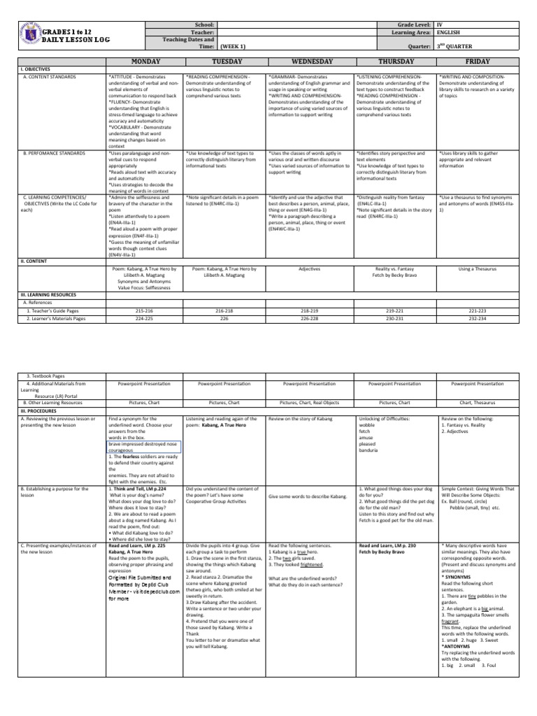DLL - English 4 - Q3 - W1 | PDF | Reading Comprehension | Human Communication
