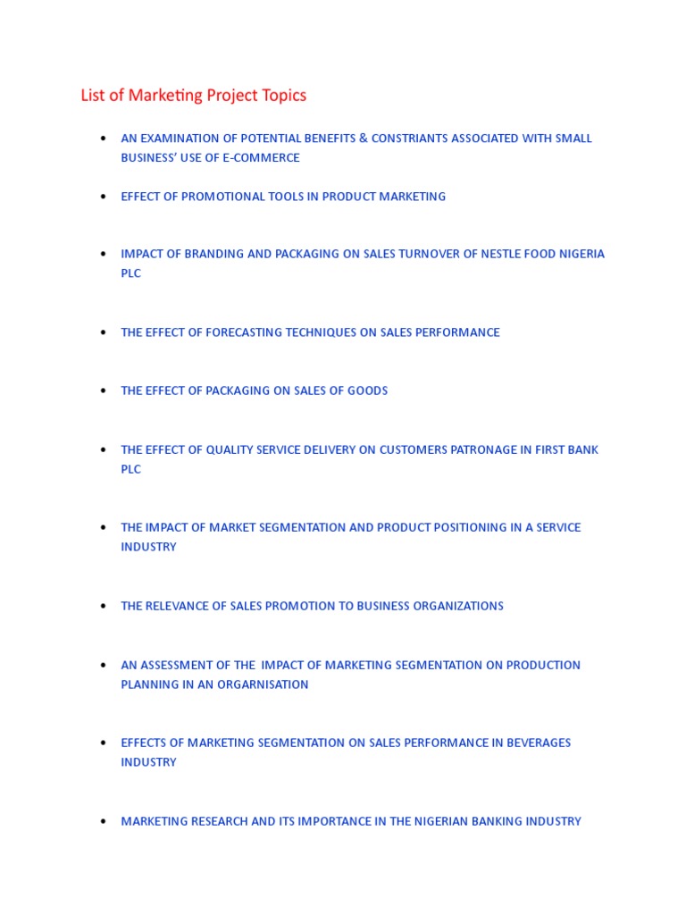 Marketing Project Topic Ideas List | PDF | Business