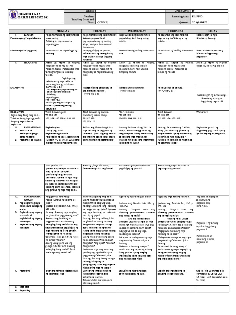 DLL - Filipino 4 - Q3 - W2 | PDF
