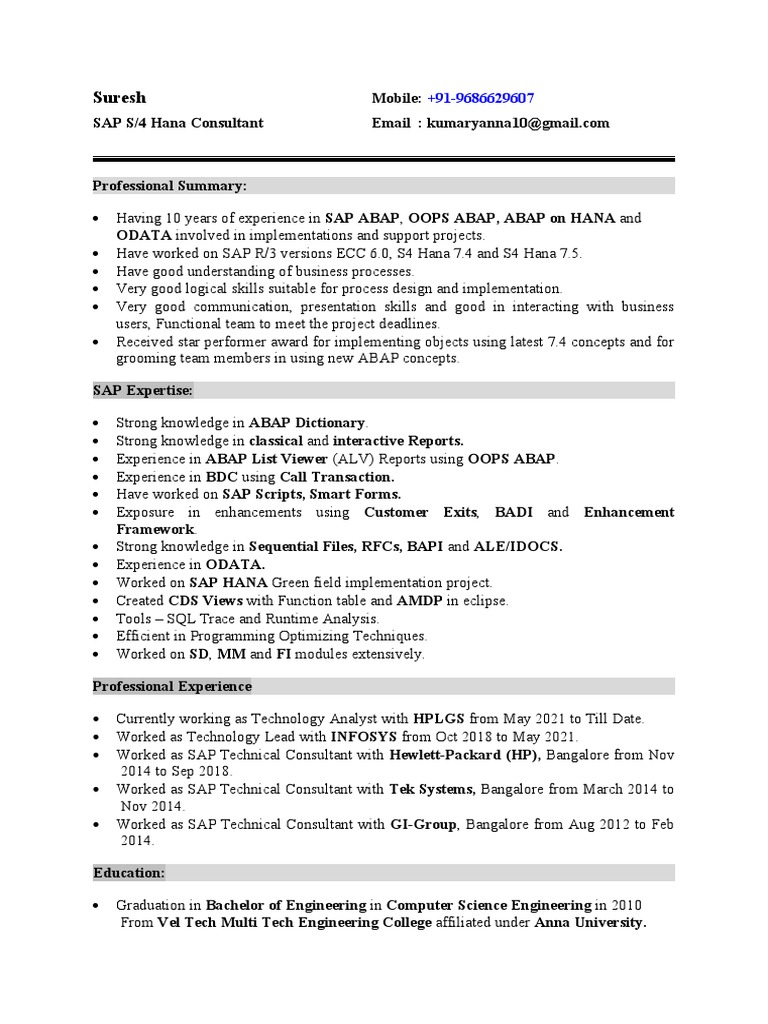 Suresh - SAP ABAP HANA | PDF | Hewlett Packard | Computing Suresh - SAP ABAP HANA | PDF | Hewlett Packard | Computing