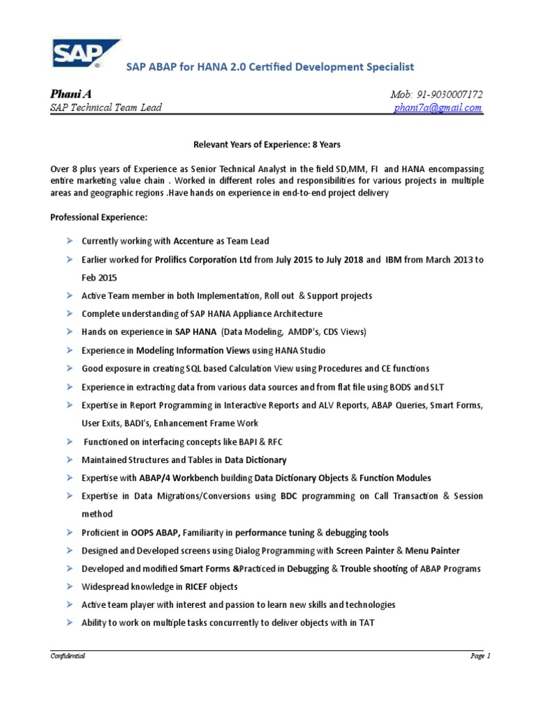 Phani A - SAP ABAP HANA | PDF | Information Technology | Business