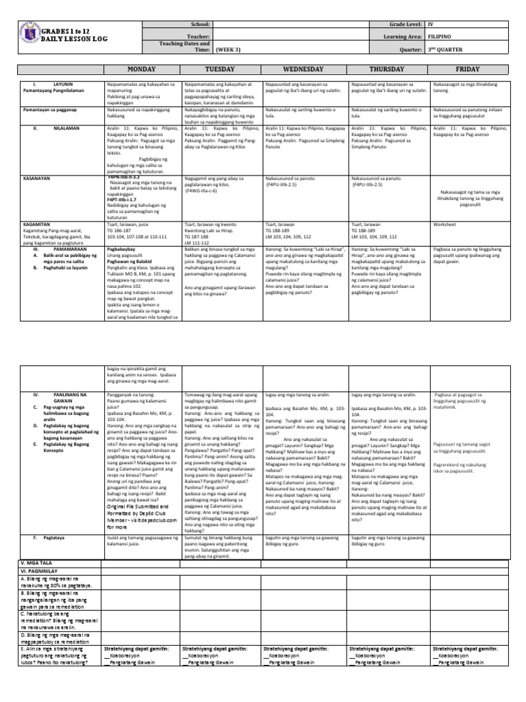 DLL Filipino 4 q3 w3 | PDF