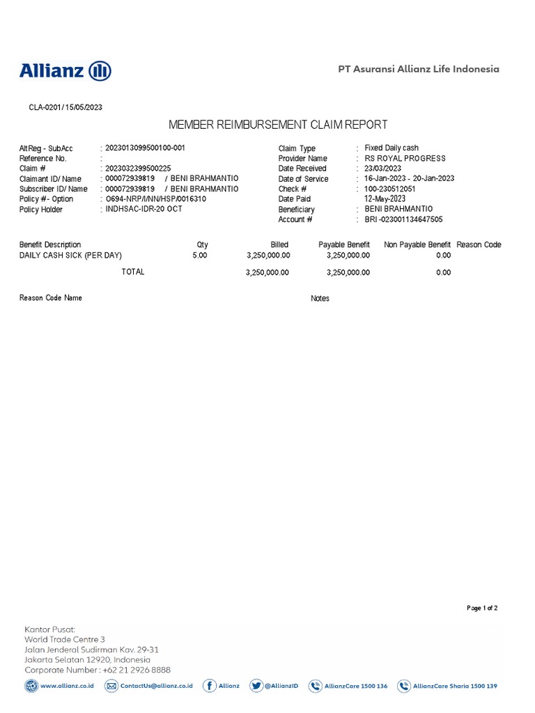Member Reimbursement Claim Report: PT Asuransi Allianz Life Indonesia | PDF